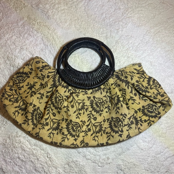Bags | Cute Hessian Print Bag With Bamboo Handles | Poshmark